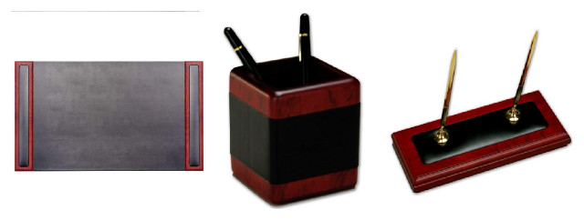 Wood and Leather Double Pen Stand Desk Set With Desk Pad and Pencil Cup ...