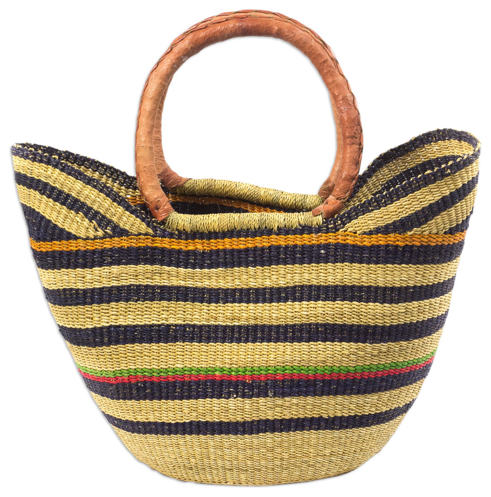 Novica Handmade Striped Sunday Leather-Accented Raffia Basket ...