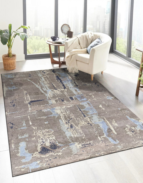 Hand-Knotted Wool Gray Transitional Abstract Traditional Knot Rug, 7 ...