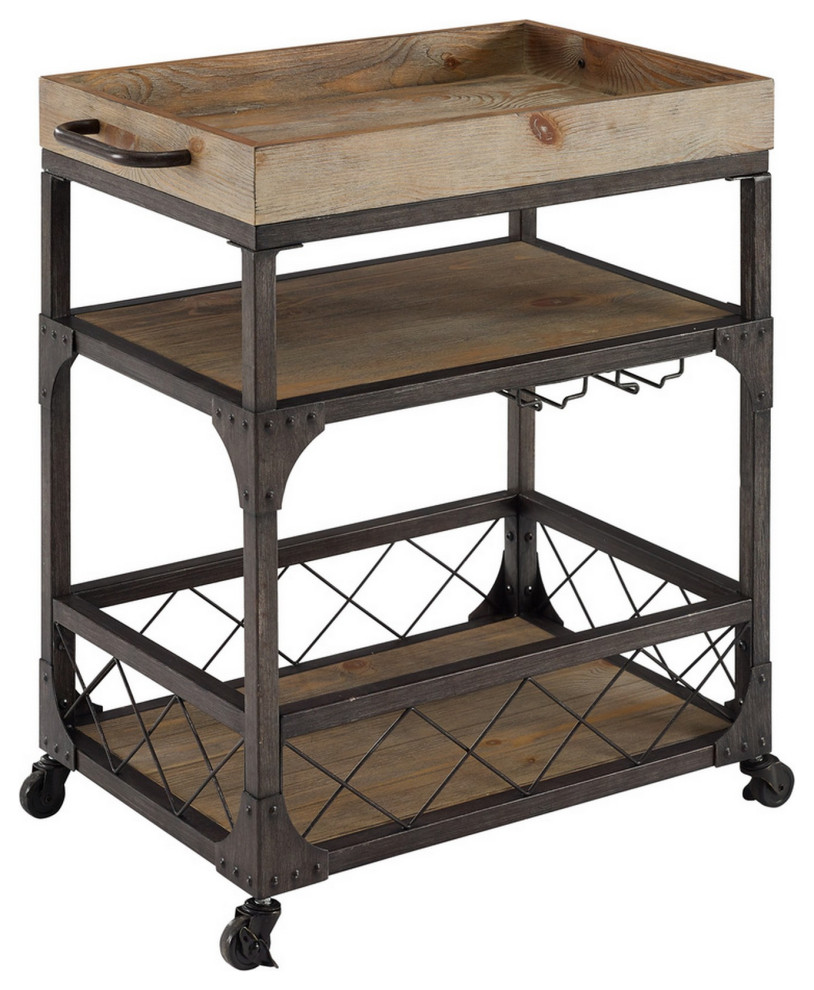 Wood and Metal 3 Level Bar Cart with Caster Wheels and Side Handle ...