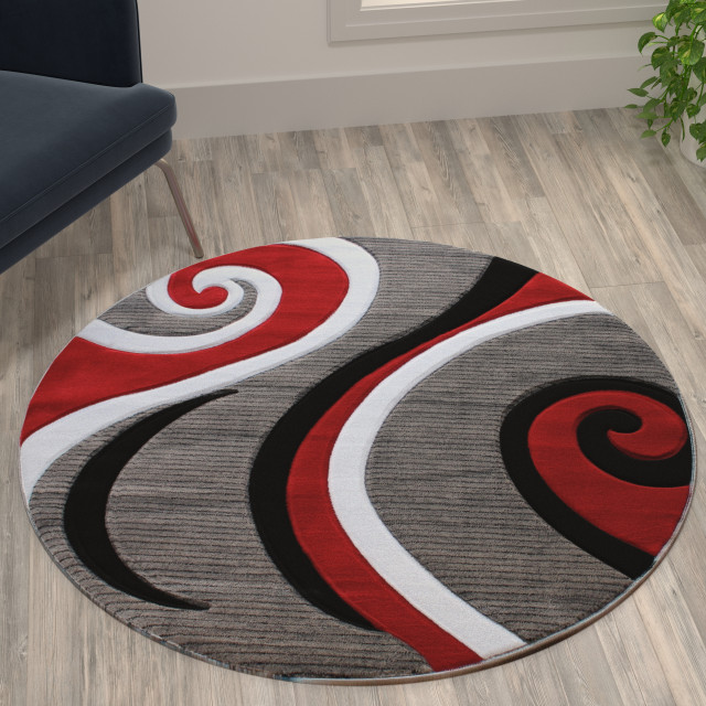 Athens Collection Round 4' x 4' Red Abstract Designed Area Rug ...