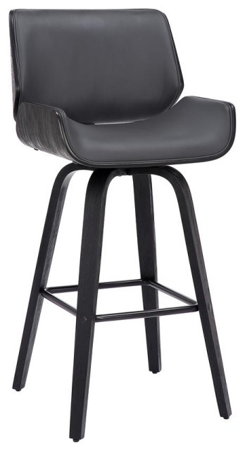 Tyler 30 Bar Height Swivel Grey Faux Leather and Black Wood Bar Stool ...