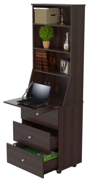 Unique Secretary Desk With Hutch, 3 Storage Drawers & 3 Open Shelves ...