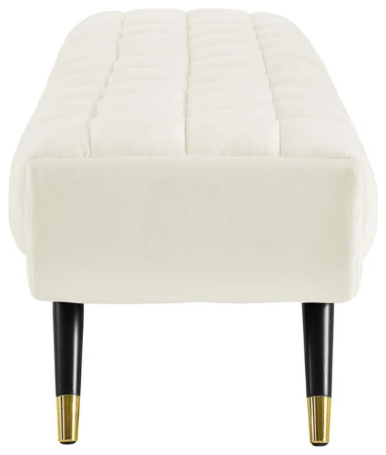 Ivory Tufted Velvet Bench with Gold Capped Legs, Retro Modern ...