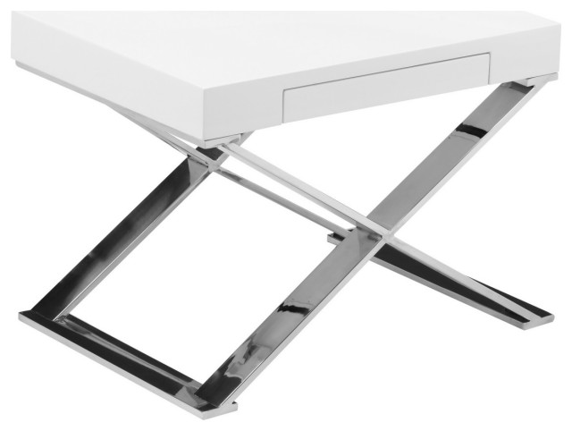 Rix 21" Side End Table, 1 Drawer, X Shape Steel Legs, White Wood Top ...