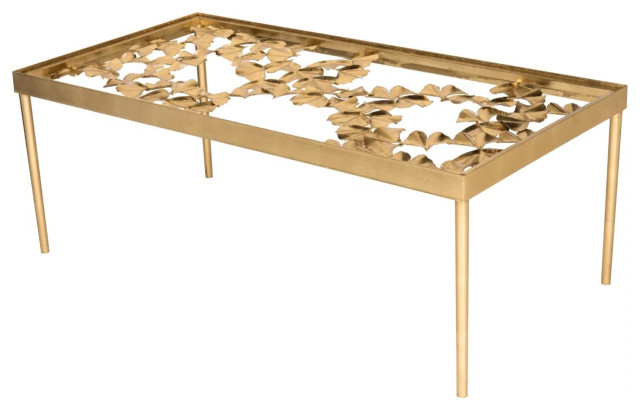 Contemporary Ginkgo Leaf Coffee Table with Glass Top, Antique Gold ...