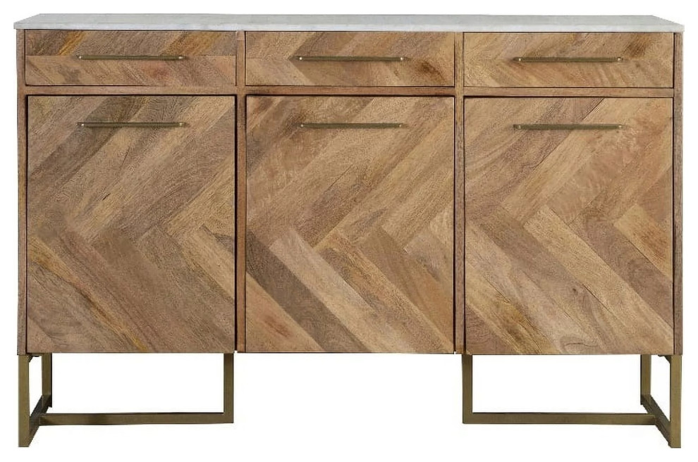 Natural and Antique Gold Accent Cabinet with Marble Top, 3-Door Design ...