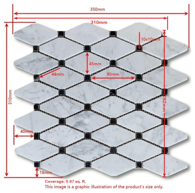 Carrara White Marble Long Octave Rhomboid Mosaic Tile Black Dots Honed ...