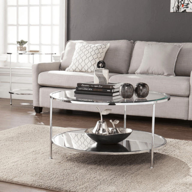 34" Chrome Glass And Metal Round Mirrored Coffee Table - Contemporary ...