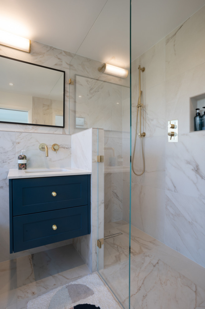 Half-Height Tiled Wall with Custom Glass Sitting on top - Bathroom ...