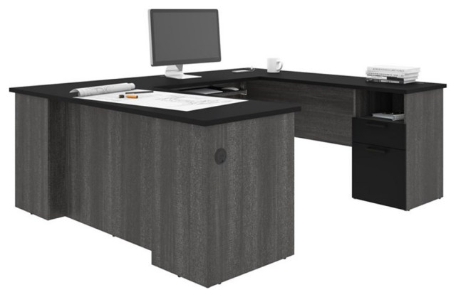Bestar Norma Modern U Shaped Wood Computer Desk in Black and Bark Gray ...
