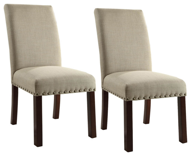 Fabric Dining Chair With Nail Head Trim Accent & Wood Legs, Brown, Set ...