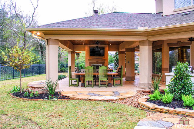 Extended Covered Patio with Fireplace and Dining Room - Traditional ...