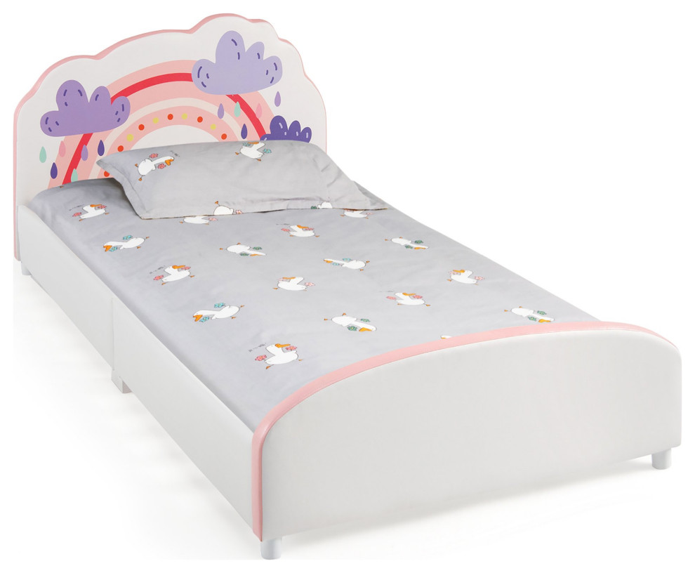 Twin Kids Platform Bed, Hardwood Frame With Rainbow Patterned Headboard ...