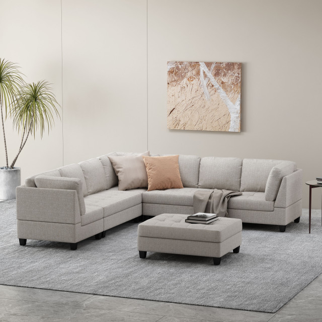 Jakyri Fabric 7 Seater Tufted Sectional Sofa - Transitional - Sectional ...