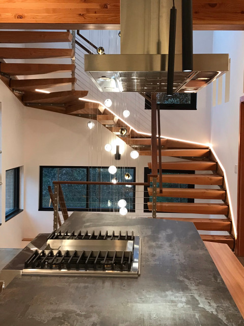 Kitchen Island looking toward the floating stair - Modern - Staircase ...