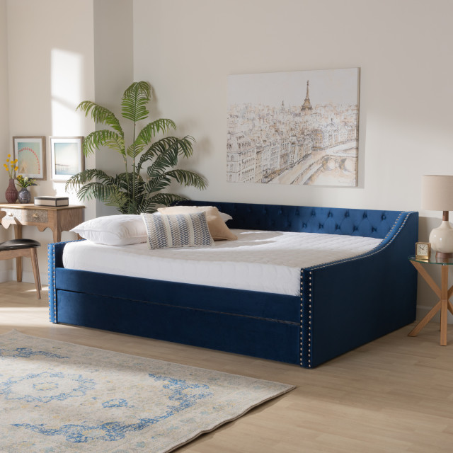 Raphael Modern Navy Blue Velvet Upholstered Full Size Daybed with ...