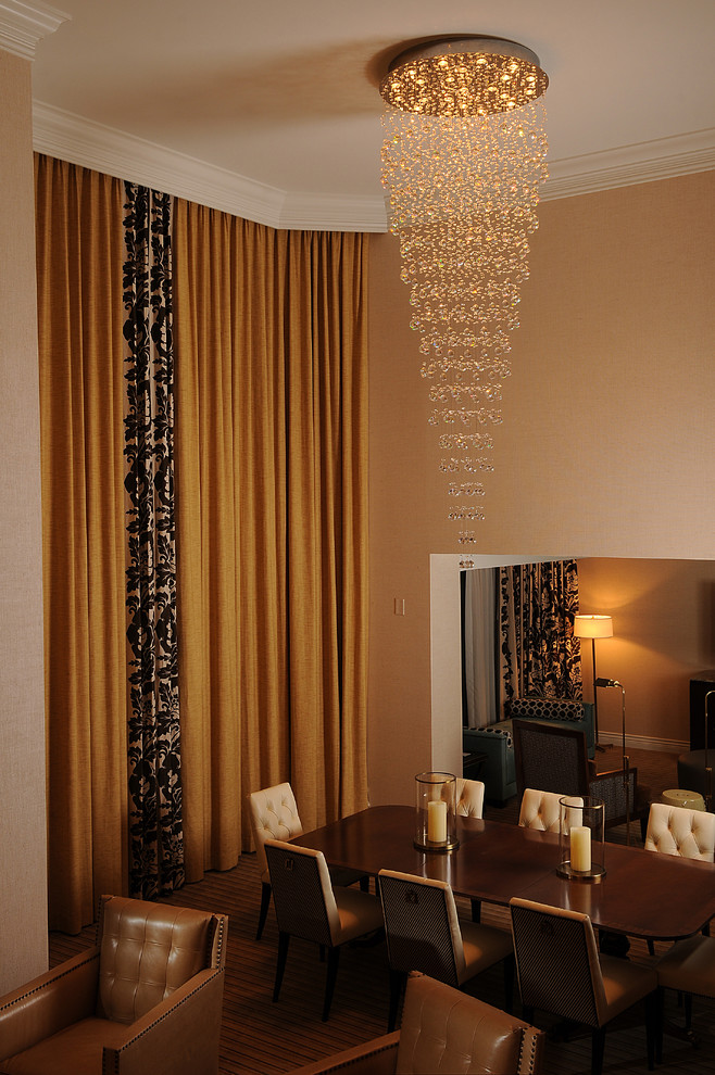 Large Crystal Rain Chandelier over Large Two Story Dining Great Room ...