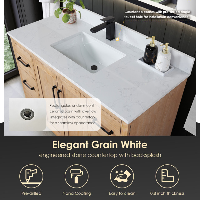 Cicero Vanity, Grain White Engineered Stone Countertop, 48" - Farmhouse ...