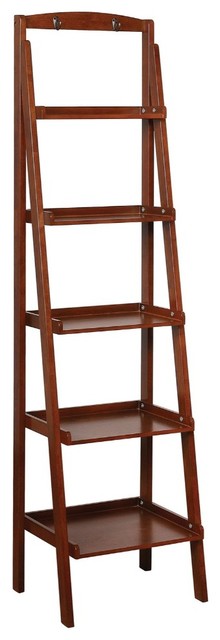 Contemporary Five Tier Wooden Ladder Shelf with Two Attached Hook On ...