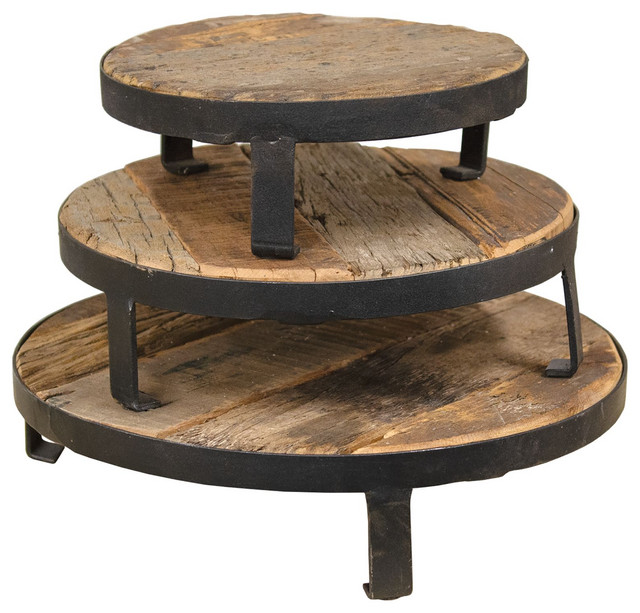 Weathered Wood and Metal Round Risers, Set of 3 - Industrial - Plant ...
