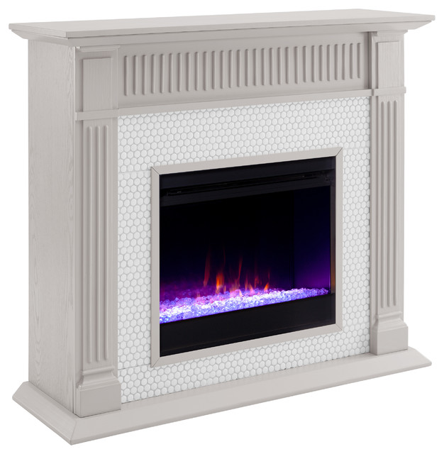 Chanler Penny-Tiled Color Changing Fireplace, Gray and White ...