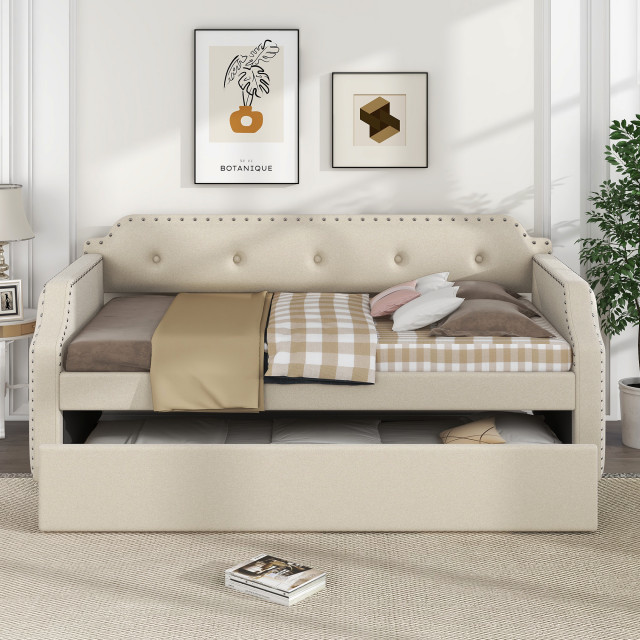 Elegant Linen Upholstered Daybed with Trundle - Transitional - Daybeds ...