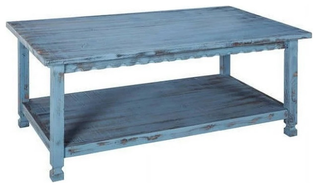 Distressed Blue Farmhouse Coffee Table with Rectangular Top and Lower ...
