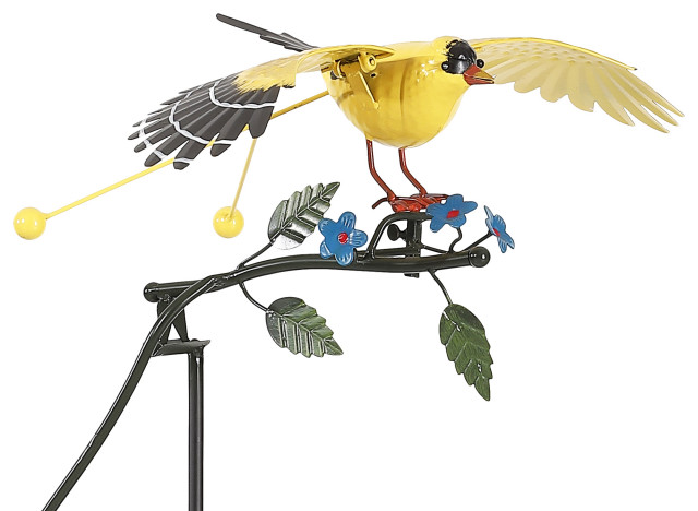 Metal Rocking Flying Goldfinch Rustic Balancing Garden Stake Wind ...