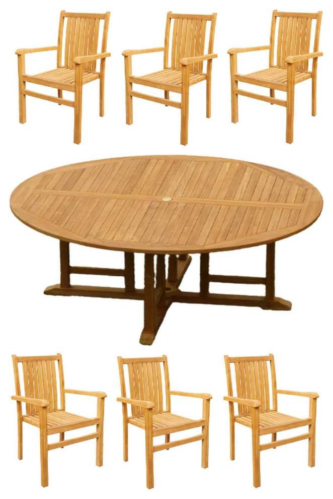 7-Piece Outdoor Teak Dining Set: 72" Round Table, 6 Cahyo Stacking Arm ...