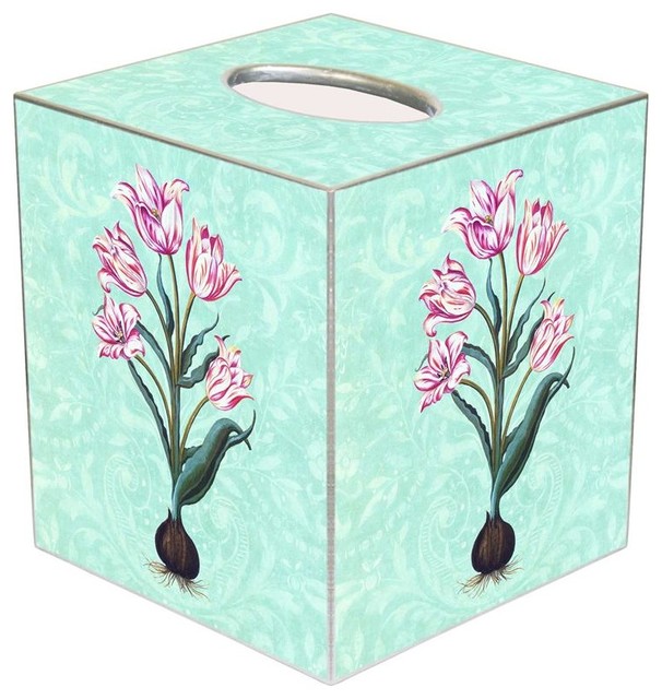 TB378 - Tulips on Aqua Damask Tissue Box Cover - Farmhouse - Tissue Box ...