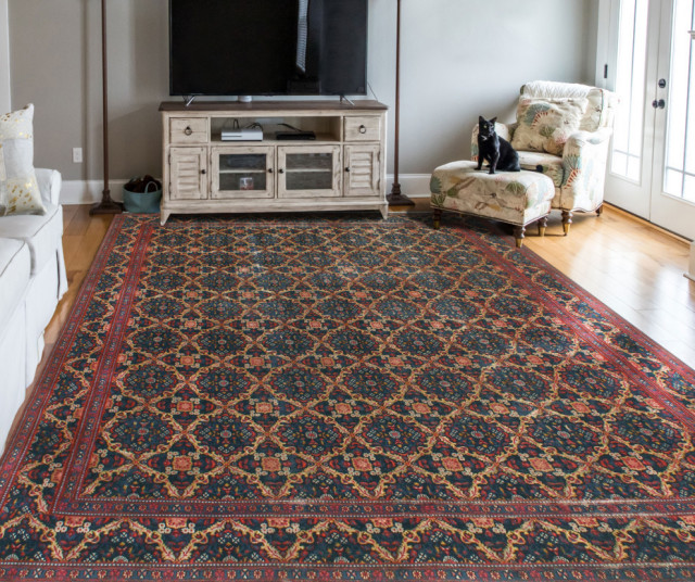 Semi-Antique Marshal Blue/Beige Rug, 9'7x12'4, 9'7x12'4 - Mediterranean ...