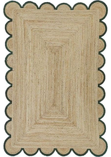 Natural Jute Area Rug with Green Scalloped Edges, Unique Farmhouse ...