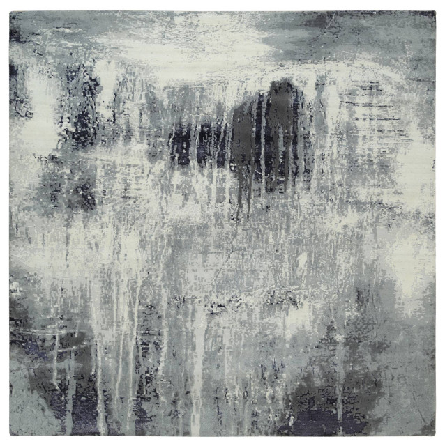 Black, Abstract Design, Wool and Silk, Hand Knoted, Square, Rug, 10'0 ...