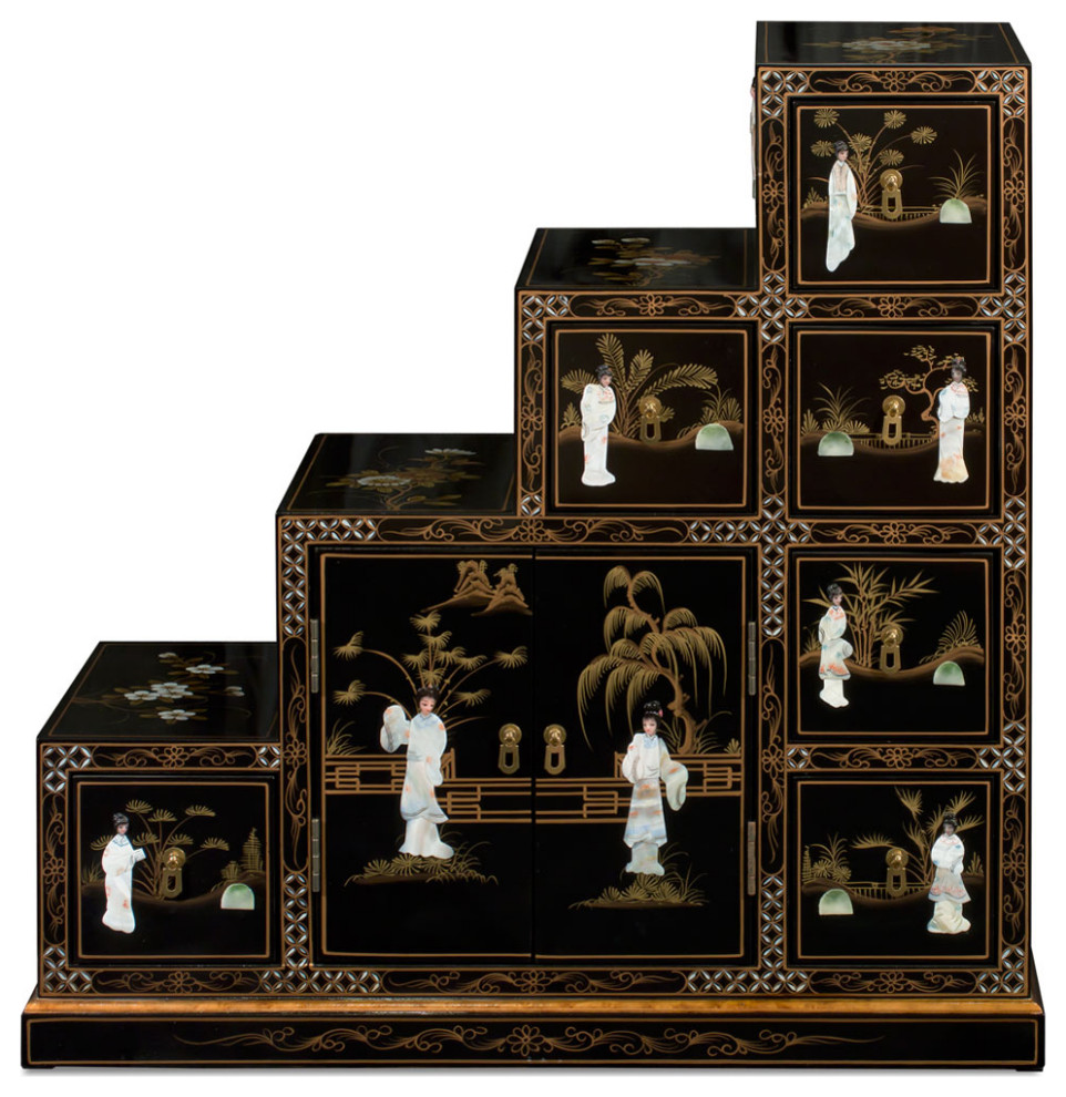 Black Lacquer Mother of Pearl Motif Japanese Step Tansu Cabinet - Asian ...