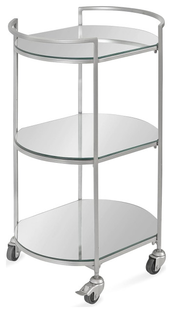Modern Bar Cart, Glam Curved Design With Silver Metal Frame & Mirrored ...
