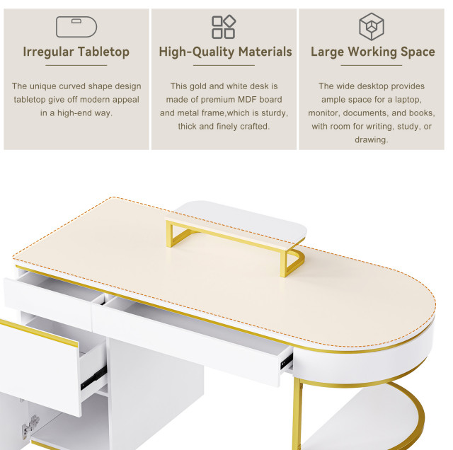 White Curved Computer Desk, Home Office Desk with 1 Storage Cabinet ...