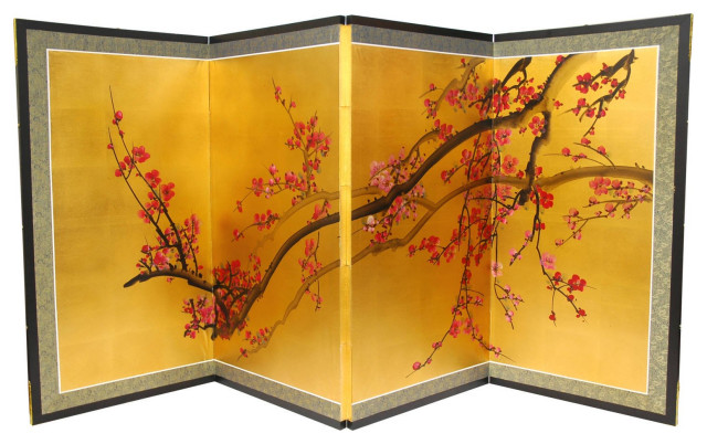 Traditional Asian Room Divider, Chinese Silk Border & Unique Tree ...