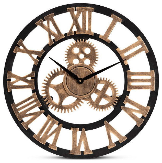 Baxton Studio Black and Distressed Brown Finished Wood Wall Clock ...