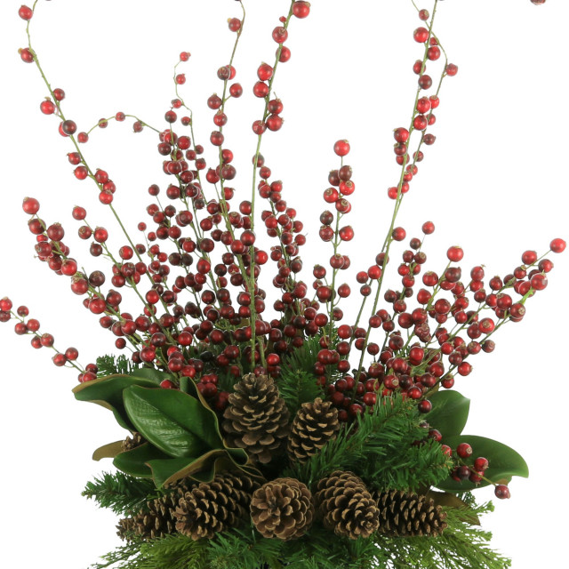 Evergreen, Berry and Pinecone Holiday Arrangement in a Decorative ...