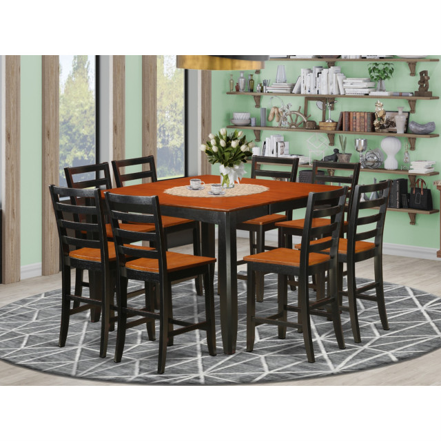 Fair9-Blk-W, 9-Piece Pub Table Set, Square Counter Height Table and 8 ...