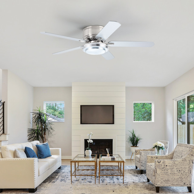 52-inch Modern Satin Nikel Flush Mount Ceiling Fan with Light ...