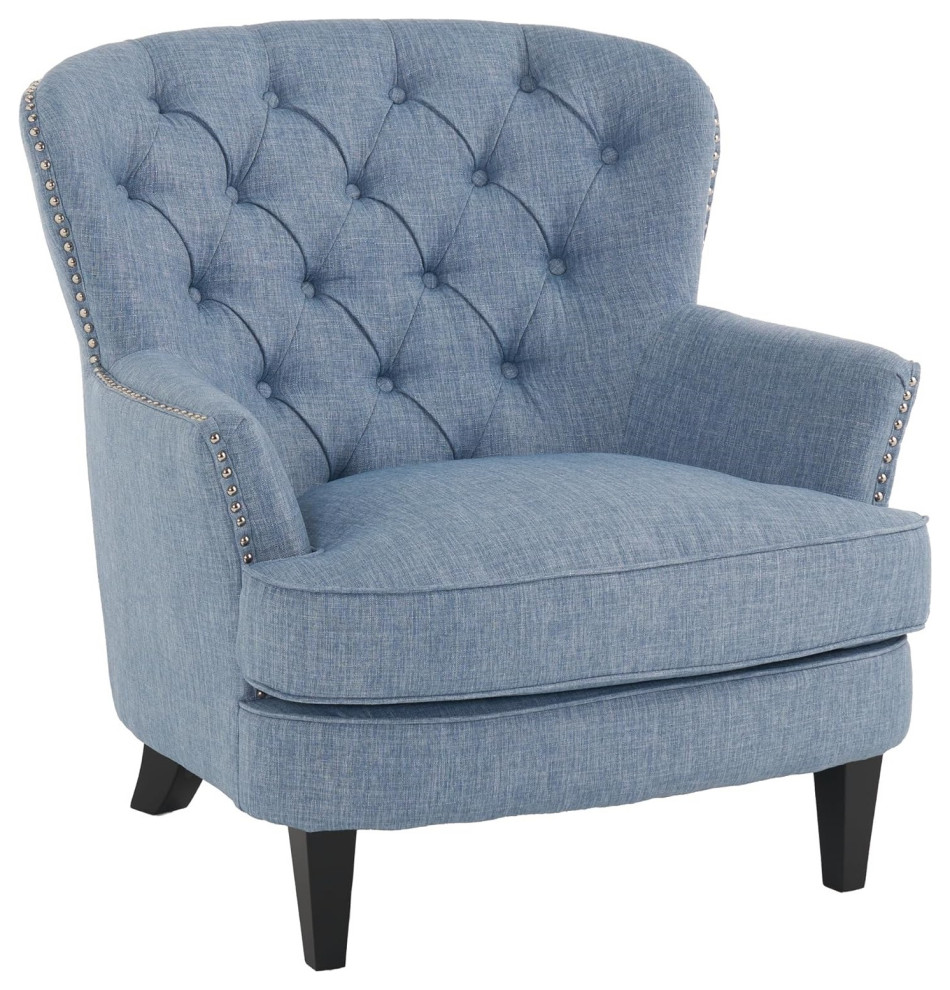 Contemporary Light Blue Club Chair with Button Tufted Back & Nailhead ...