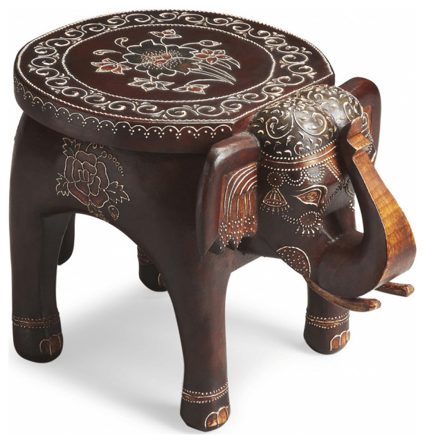 15" Warm Brown Hand Painted Floral 3D Elephant End Table ...