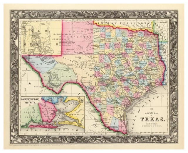 "County Map Of Texas, 1860" Paper Print by Samuel Augustus Mitchell, 18 ...