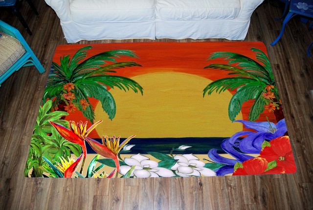 Beach Area Rugs, Tropical Flowers Giant Sunset Beach - Beach Style ...