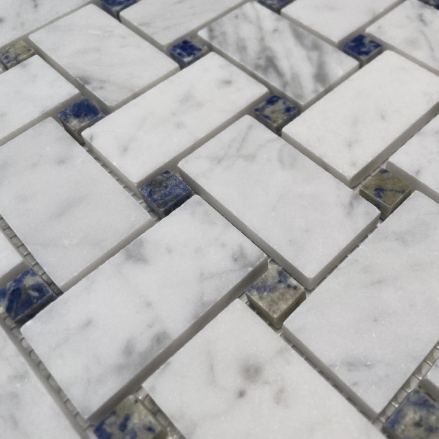 Carrara Venato Marble 1x2 Basketweave Mosaic Tile Azul Blue Dot Honed ...
