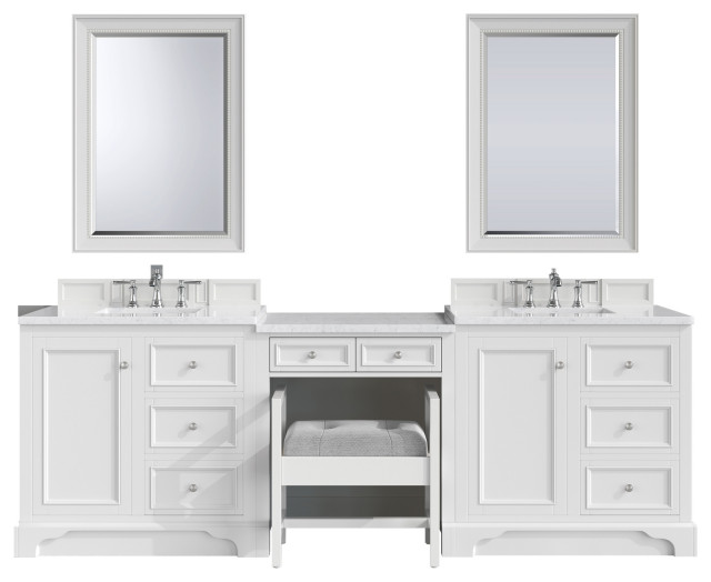 De Soto 102" Bright White Double Vanity Deluxe Set, 3cm Jasmine Pearl ...