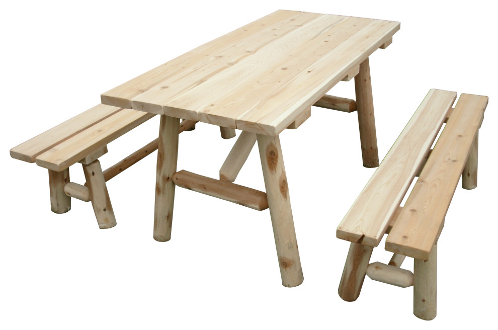 White Cedar Log Picnic Table With 2 Benches, 5 Foot - Rustic - Outdoor ...