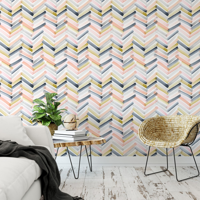 Chevron Stripes Blush Navy Wallpaper, 24"x72" - Contemporary ...